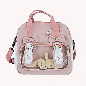 AZURAOKEY Kawaii Canvas School Backpack with Pendant, Korean Student Schoolbag Japanese Nylon Backpack Girl Travel Totes Shoulder Bags Back to School Off to College Supplies (Pink)