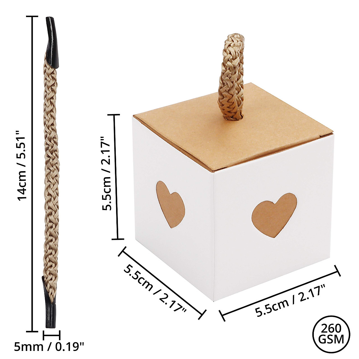 BELLE VOUS 50 Pack Mini White & Brown Heart Gift Boxes - 2 x 2 x 2 inch Wedding & Party Favor Paper Candy Kraft Boxes with Cute Twine Handles