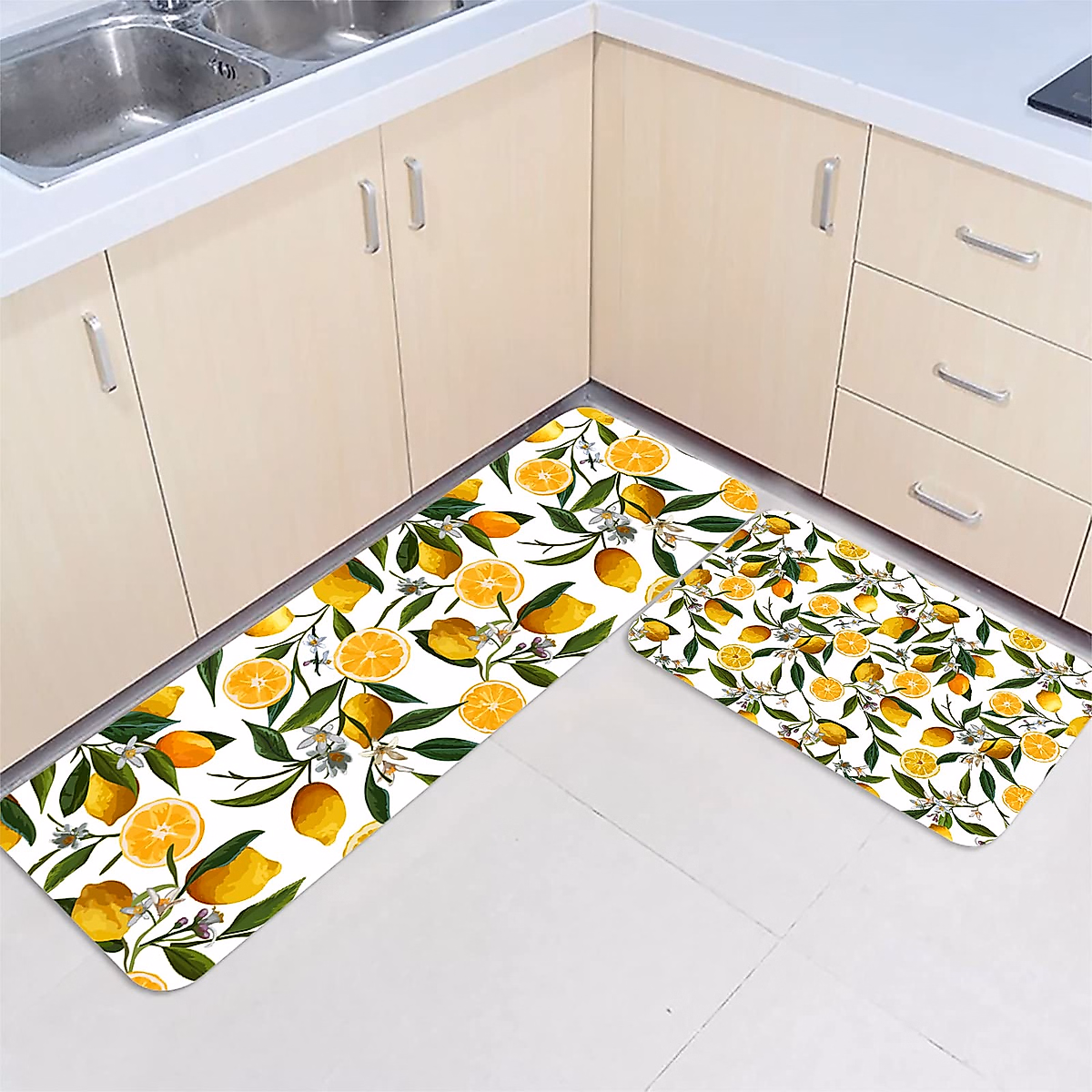 Ta-Home 2 Pieces Lemon Kitchen Rug Set Non-Slip Backing Mat Throw Rugs Country Yellow Lemon Leaf Doormats Absorbent Area Runner Watercolor Fresh Fruit Art Carpet for Bathroom, 15.7x23.6in+15.7x47.2in