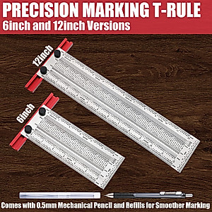 4 Pieces Precision Marking T Rule Set T Square Precision Marking T Rule Includes Compatible Pencil with 0.3 mm Mechanical Pencil Refill for Woodworking(6 Inch, 12 Inch)