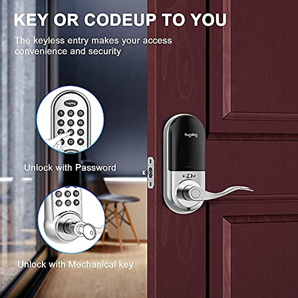 Hugolog Latchbolt Lock Electronic,Keyless Entry Door Lock, Keypad Door Lock with Handle, Easy to Install High Security Material for Metal Home & Office