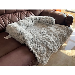 Dekeyoo Pet Couch Protector, Waterproof Calming Dog Bed for Large Dogs Plush Dog Mat Dog Sofa, Pet Furniture Cover with Soft Neck Bolster, Machine Washable Dark Grey Large