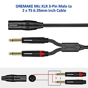 DREMAKE 3-Pin XLR Male to Dual 6.35mm 1/4'' TS Mono Microphone Patch Cable, 10FT Male XLR to Double 6.35mm TS Y Splitter Converter Cable, Dual 1/4 Inch Mono to XLR Male Mic Audio Adapter Cord