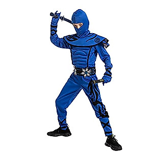 Spooktacular Creations Ninja Costume for Boys, Blue Ninja Kungfu costume for Kids Halloween Dress Up Party, Role Playing, L