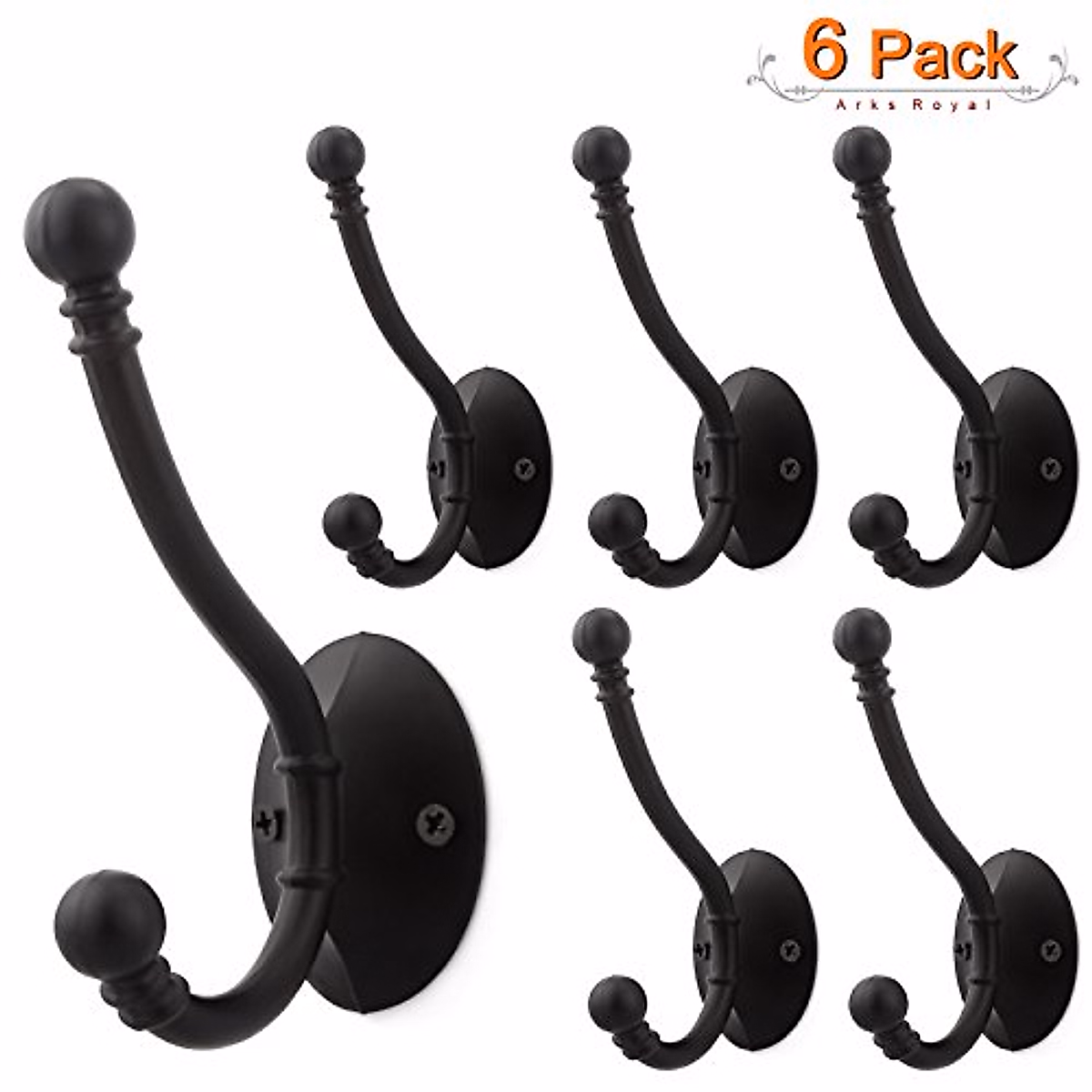6 PCS 3-3/4 Inch Double Prong Retro Coat and Hat Hook Heavy Duty Metal Wall Hangers with Ball Ends (Screws Included), Flat Black