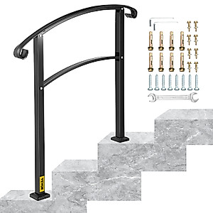Happybuy 3-Step Transitional Handrail Fits 1 or 3 Steps Matte Stair Rail Wrought Iron Handrail with Installation Kit Hand Rails for Outdoor Steps (Unadjustable) (Black)
