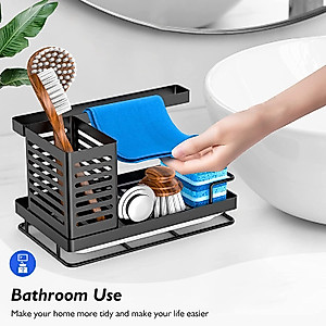 MURLONG Sink Caddy, Kitchen Sink Organizer Sponge Holder, Kitchen Sink Accessories Stainless Steel, Sink Brush Holder with Removable Drain Tray for Sponge, Dish Brush, Soap, Scrubber, Dishcloth-Black