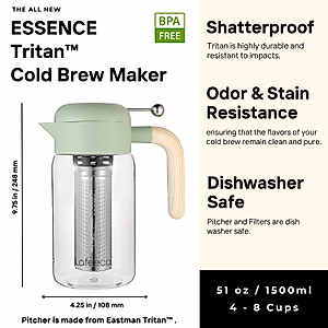 LAFEECA Cold Brew Coffee Maker - Iced Tea Brewer with Airtight Lid - Stainless Dual Ultra Filter - Tritan Pitcher - 1500 ml / 51 oz - Green