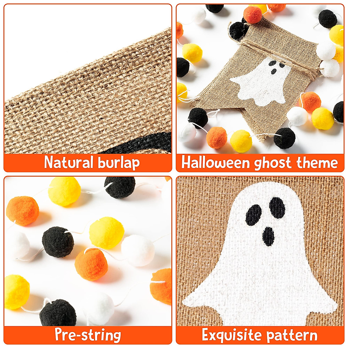 WATINC 2pcs Halloween Scary Boo Burlap Banner Ghost Pom Pom Garland Set, Happy Halloween Felt Ball Banner Hanging Decorations Thanksgiving Carnival Holiday Party Hang Bunting Decor for Home Wall