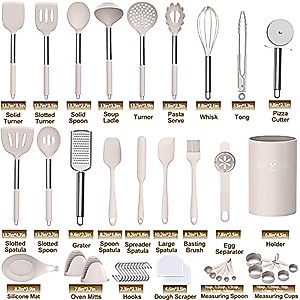 Umite Chef Silicone Kitchen Cooking Utensil Set, 43 pcs Silicone Kitchen Spatula Utensils Set with Stainless Steel Handle, Non-stick Heat Resistant - Best Kitchen Cookware Set-(Khaki)