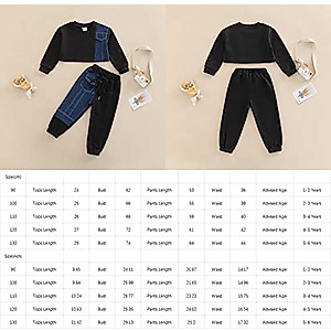 WALLARENEAR 2PCS Unisex Baby Long Sleeve Denim Patchwork Sweatshirt Crop Tops + Drawstring Jeans Sportswear Sets (Black Blue , 4-5 Years )