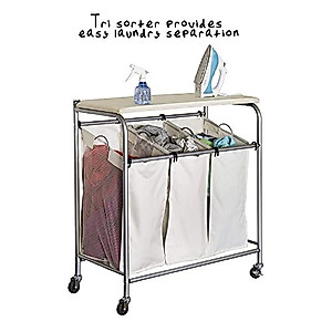 Triple Laundry Sorter with Ironing Board, 3-bin, Locking wheels, Natural