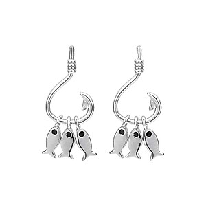 Sterling Silver Fish Hook Earrings for Women Girls 925 Dangle Stud Tiny Cute 3 Fishes Fishing Tassel Drop Hypoallergenic Micro Black CZ Eye Dainty Funny Jewelry Gifts