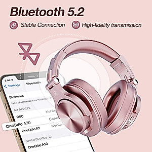 OneOdio A70 Bluetooth Over Ear Headphones for Women and Girls, Pink DJ Headphones, Wired Wireless Recording Headsets, Shareport, Stereo Jack for Guitar Amp Computer PC Tablet (Rose Gold)