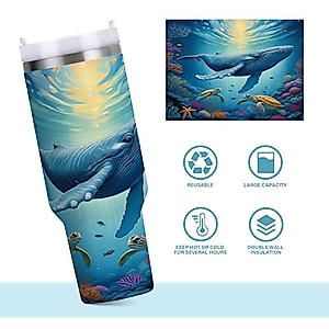 RPLIFE Underwater Scene Blue 40oz Tumbler with Handle, Stainless Steel Cups with Lid, Travel Coffee Tumbler