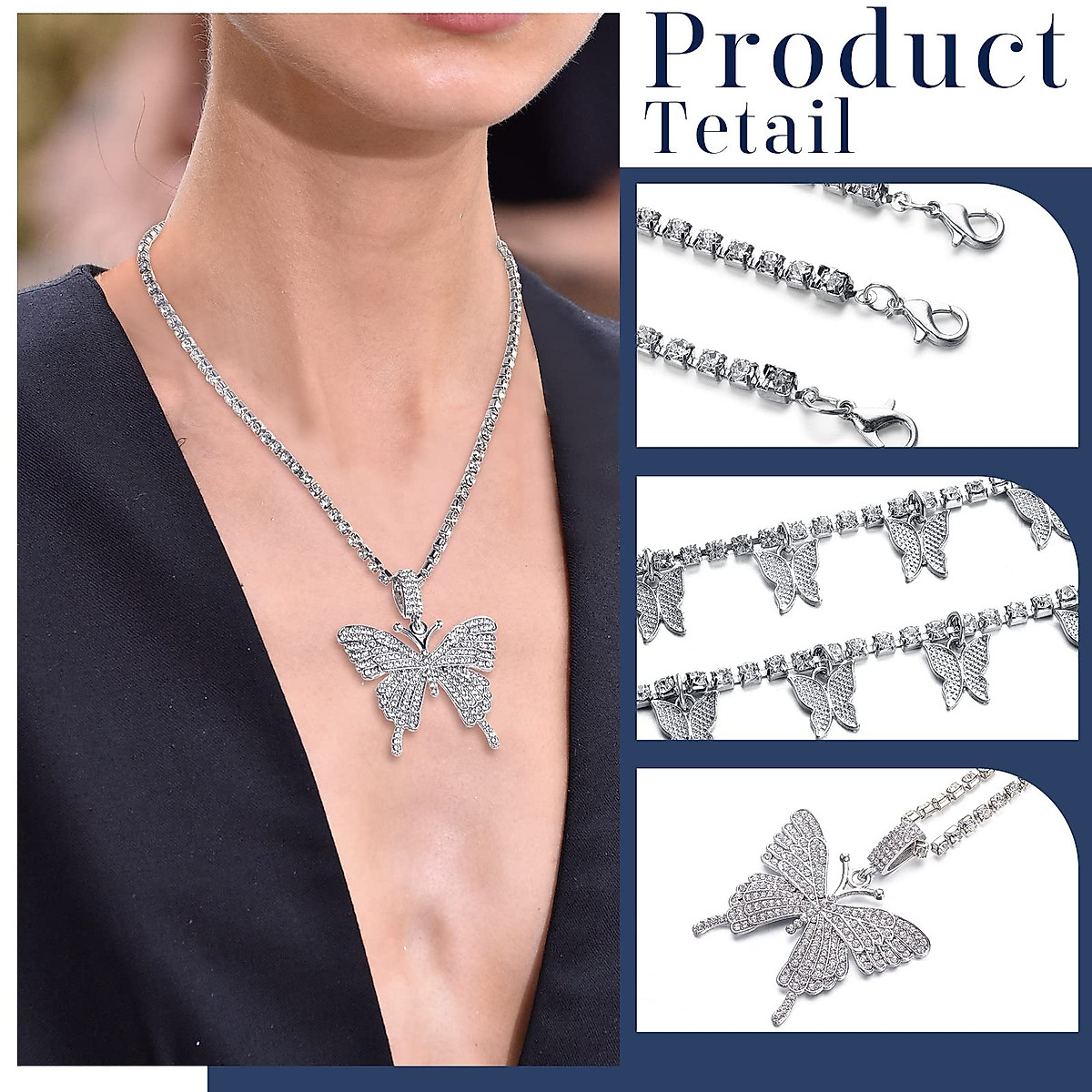 Bonuci 4 Pcs Butterfly Jewelry Set Butterfly Pendant Necklace Hoop Earrings Bracelet Ring Necklace Set for Women(Silver)