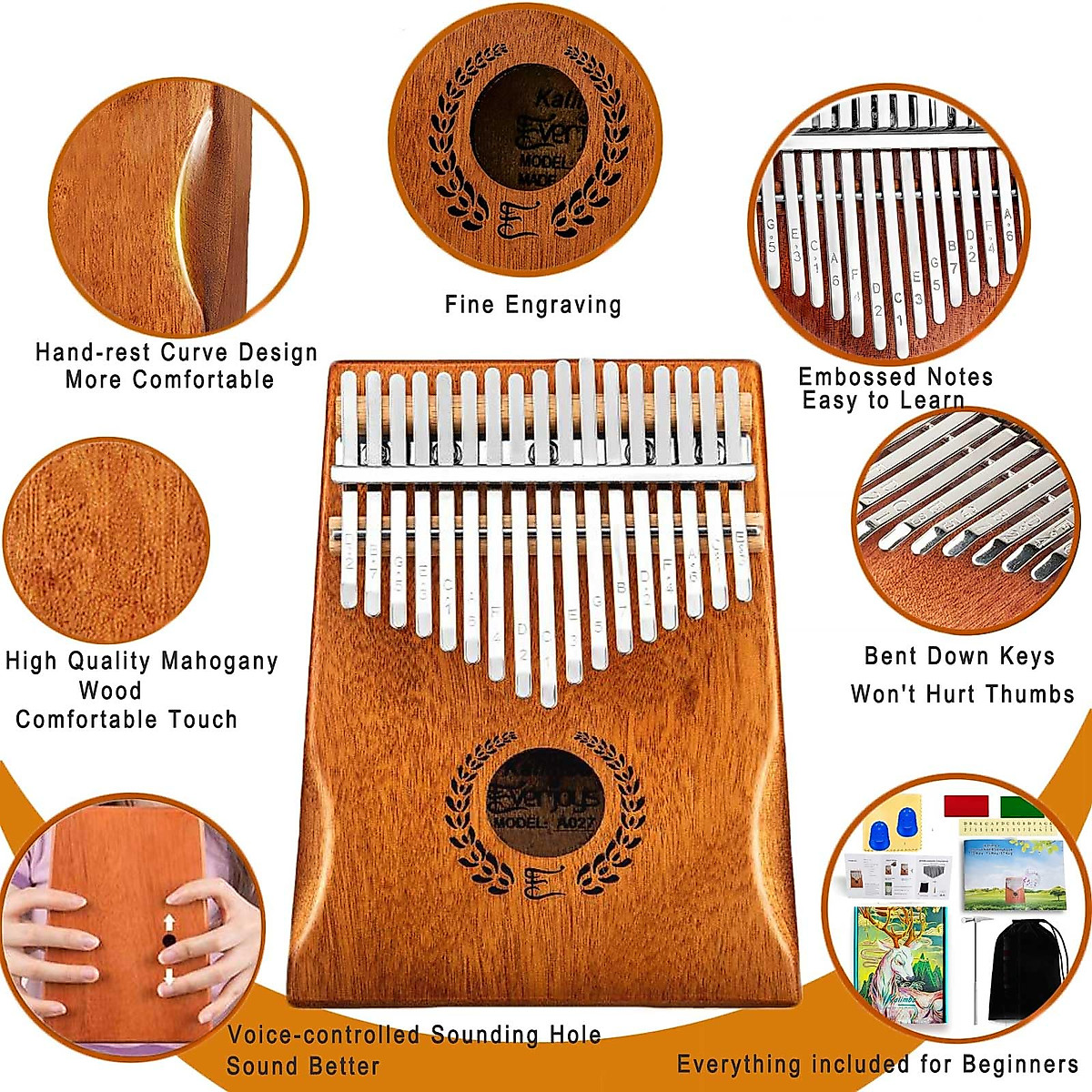 Everjoys Kalimba Thumb Piano 17 Keys, Professional Musical Instrument Finger Piano Marimbas with Portable Soft Cloth Bag, Fast to Learn Songbook, Tuning Hammer, All in One Kit