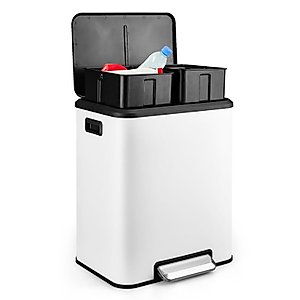 WELYFE 30 L/8 Gallon Trash Can, Rectangular Dual Compartment Recycling Step Bin, Stainless Steel Kitchen Trash Can, Removable Inner Box, Suitable for Kitchen, Office - White
