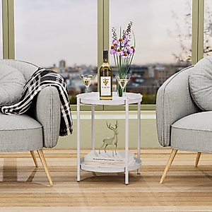 OVICAR Round Side Table - 2 Tiers End Table Metal Coffee Table Small Sofa Side Table Outdoor Indoor Accent Table Nightstand Waterproof Removable Tray Table for Living Room Bedroom Balcony White