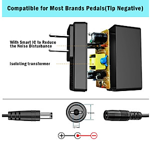 JOYO DC 9V Guitar Pedal Power Supply (800mA -1A) AC Wall Charger Adapter with 4 Way Daisy Chain Pedal Cables (8.8 FT), Compatible for Most Effect Pedals (Tip Negative)