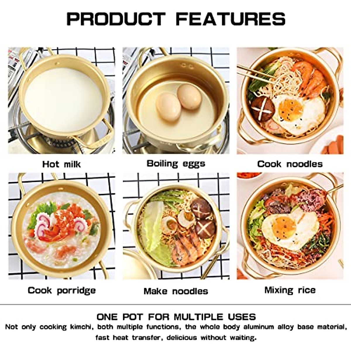 LNQ LUNIQI Korean Ramen Cooking Pot with Spoon Chopsticks, Alluminum Shin Ramyun Pot with Handles Fast Heating Instant Noodles Cooking Pot for Soup, Curry, Pasta and Stew （6.3in，Gold）