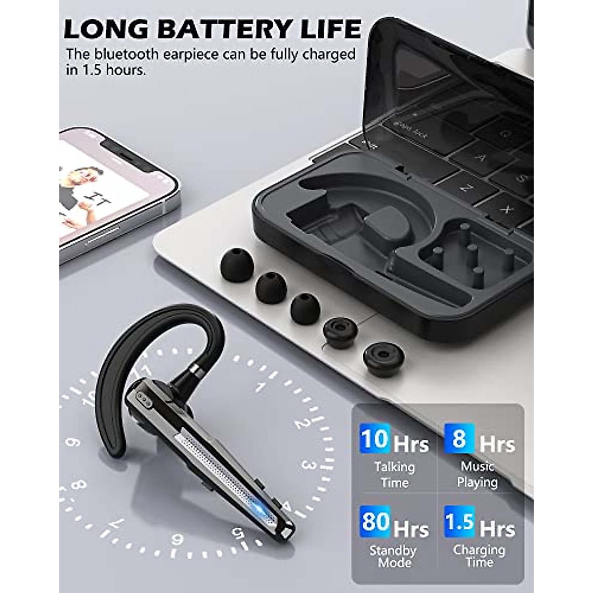 TIANLI Bluetooth Headset V5.0, Bluetooth Earpiece with CVC8.0 Active Noise Canceling Dual Microphones for Computer and Cell Phone, Hands-Free Bluetooth Earphone for Driving/Office/Business, Black
