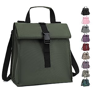 GYEUKHAM Insulated Lunch Bag for Men/Women/Kids, Roll top Reusable Lunch Box with Adjustable Shoulder Strap, Thermal Lunch Cooler Tote Container for Adults/Teens School Work Office Picnic,Army Green