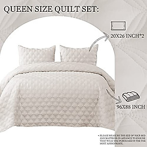 Exclusivo Mezcla Bed Quilt Set Queen Size for All Seasons, Stitched Pattern Quilted Bedspread/ Bedding Set/Coverlet with 2 Pillowshams, Lightweight and Soft, Bone