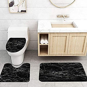 Black Marble Shower Curtain with Bath Rugs Sets, 4 Pcs Gray Marble Patterns Bathroom Décor with Toilet Seat Cover, Non-Slip Mats, Absorbent Pedestal Pads and Waterproof Shower Curtains + Hooks (Black)