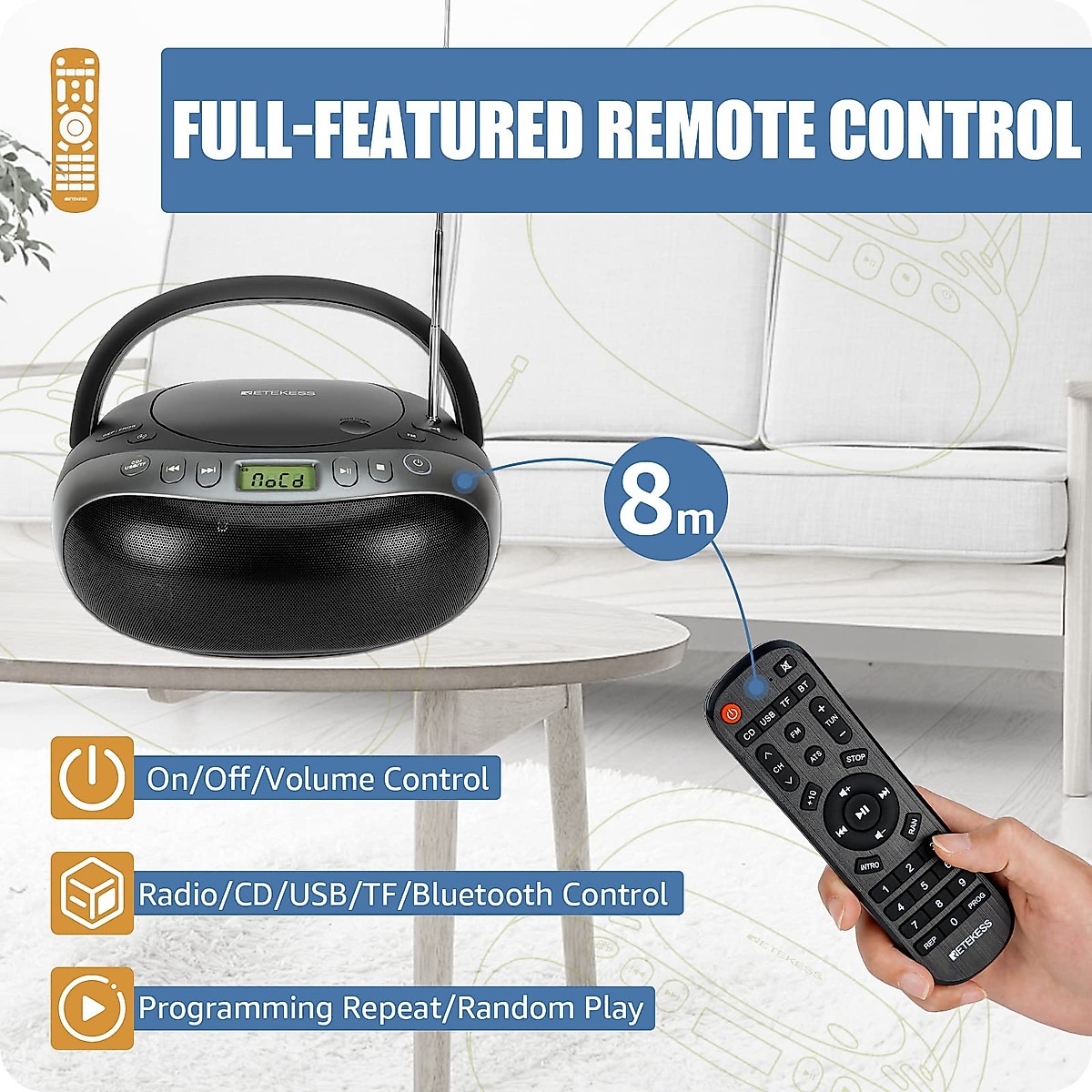 Retekess TR604 AM FM Radio Portable Transistor Analog Radio with 3.5mm Earphone Jack Battery Operated Retekess TR634 Portable Boombox CD Player, Bluetooth Boombox with FM Radio