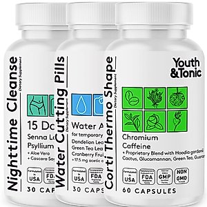 Youth & Tonic Sculpt Shred Cleanse Detox 3X Weight Loss Pills: Appetite Suppressant, Fat Burner, Energy Booster & Nighttime Cleanse for Diet – 120 Pills