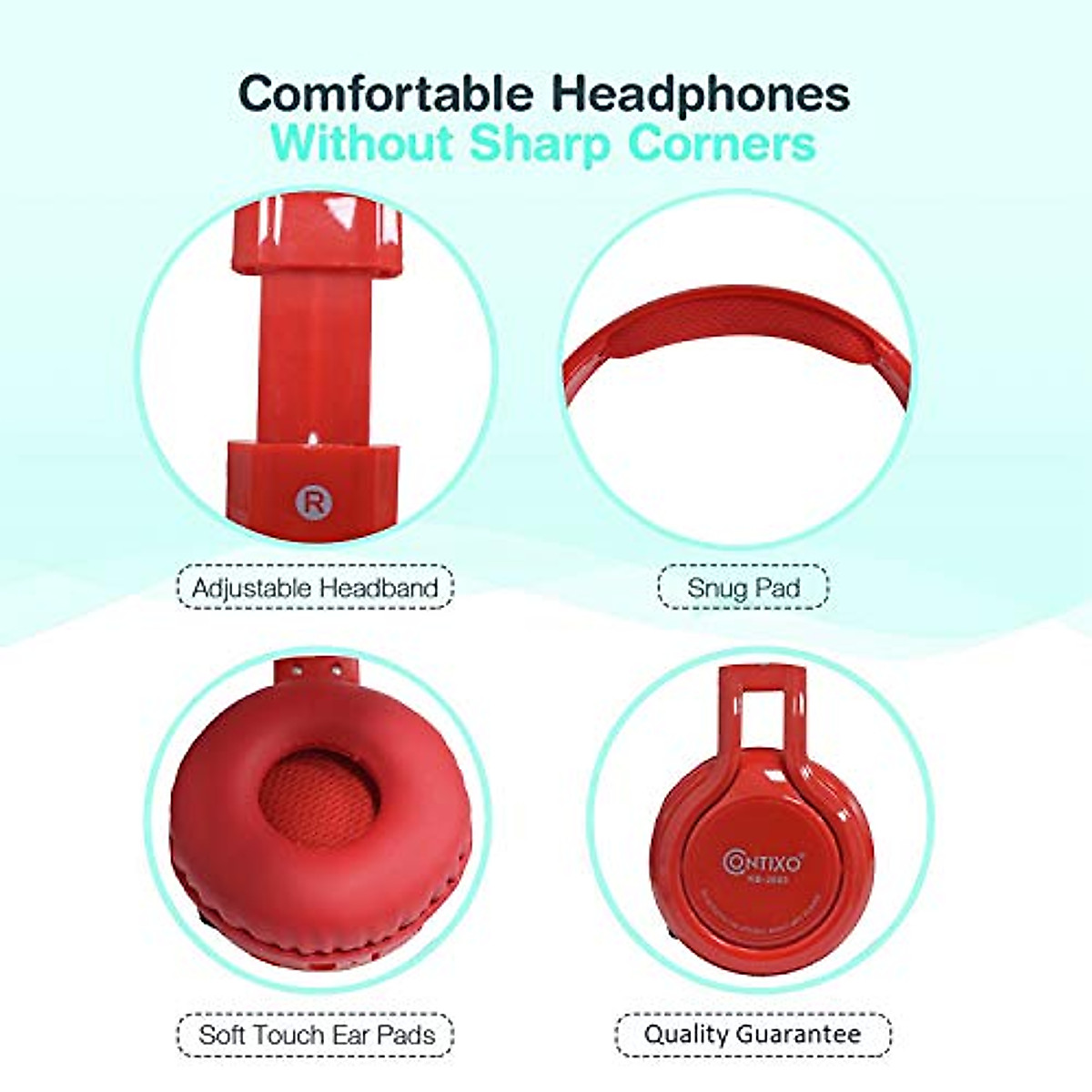 Contixo KB-2600 Over Ear Headphones - Wireless Bluetooth Headphones Kids Safe - 85dB with Volume Limited with Long Lasting Battery - Built-in Mic - Micro SD Card Slot - FM Stereo Radio (RED)