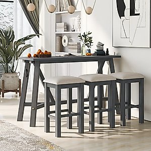 Bellemave Sofa Table with Stools and Outlet Kitchen Bar Height Table and Chairs Console Table with 3 Upholstered Stools 4 Piece High Top Long Dining Table Set, Gray