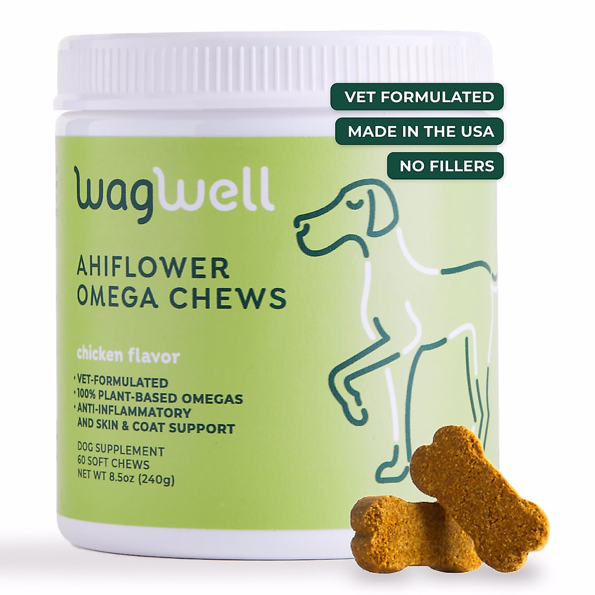 WagWell Ahiflower Omega Oil Dog Chews - Vet-Formulated Skin, Coat, Hip and Joint Chews for Dogs - Plant-Based Omega 3, 6 and 9 Supplement - Natural Chicken-Flavored Dog Omega Oil Bites, 60 Soft Chews