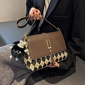 RTGGSEL Retro PU Leather Flap Shoulder Handbags for Women Quilted Lattice Tote Purse Ladies Designer Satchel Hobo Bag with Doll Pendant (Coffee)