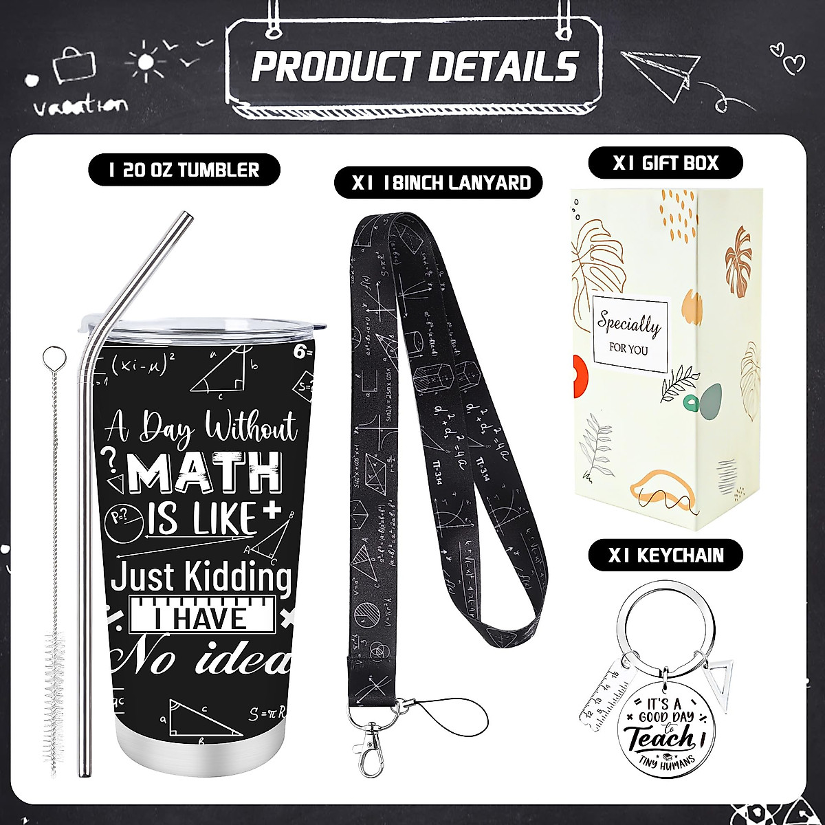 Keluna Math Teacher Appreciation Gifts - 3Pcs Math Teacher Gift Set, 20oz Tumbler with Lid Straw, Lanyards for ID Badges and Keychain, Math Teachers Thank You Appreciation Birthday Christimas Gifts