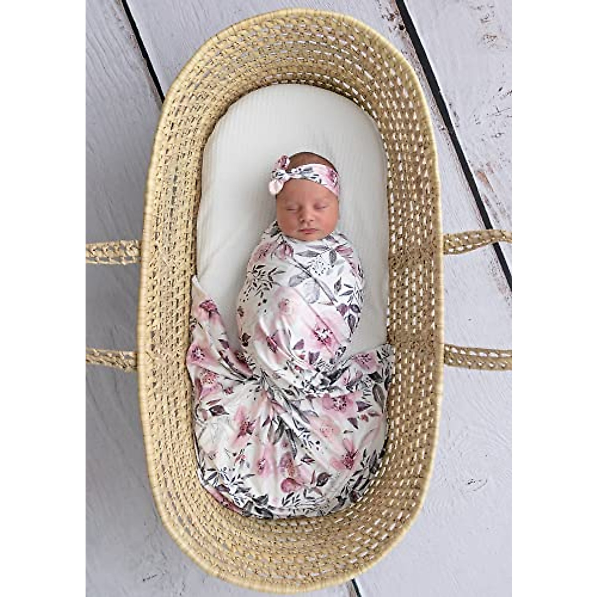 Terriboo Newborn Baby Girl Swaddle and Headband Set Floral Receiving Blanket (Pink)
