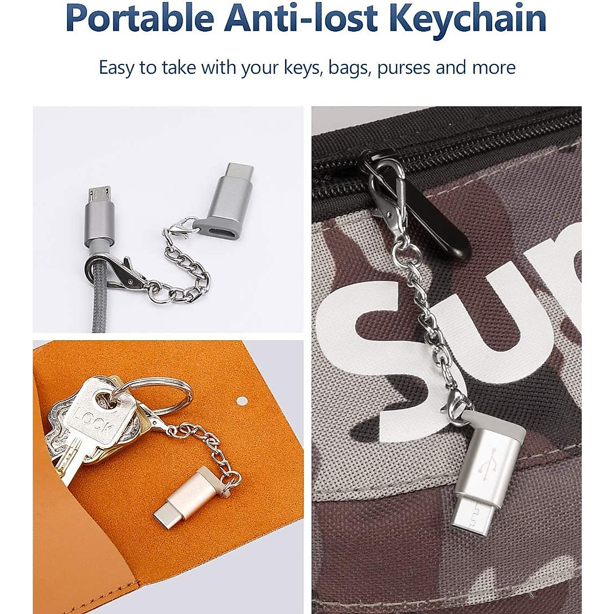 JSAUX Micro USB (Female) to USB C Adapter 4-Pack, Aluminum USB Type C Adapter with Keychain Fast Charging Compatible with Samsung Galaxy S10 S9 S8 Plus Note 9 8, LG V30 G5 G6, Moto Z Z2, more (Grey)