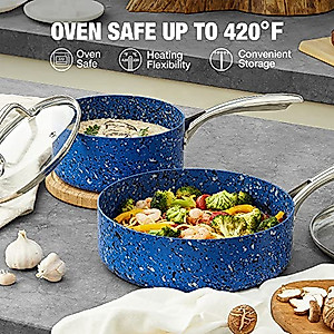 HLAFRG Nonstick Cookware Set Pots Pans and Cooking Utensils, 12 Piece Set, PFOA Free, Blue Granite