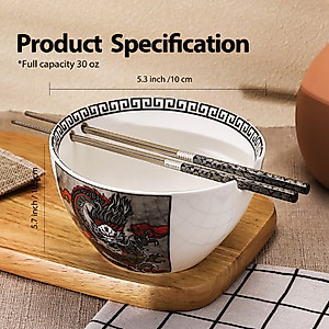 Hagary Dragon Ramen Bowl with Chopsticks Ceramic Bowl Stainless Steel Chopsticks Japanese Style Udon Miso Noodle Soup Bowls Housewarming Wedding Gifts Designed in Korea (Black, 30oz)