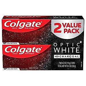 Colgate Optic White with Charcoal Whitening Toothpaste, Cool Mint Flavor, Safely Removes Surface Stains, Enamel-Safe for Daily Use, Teeth Whitening Toothpaste with Fluoride, 2 Pack, 4.2 Oz Tube