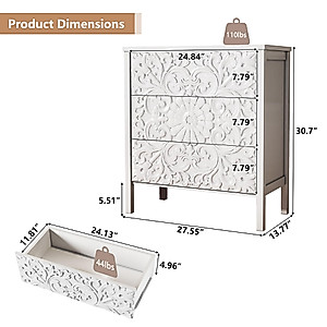 PHOYAL 3-Drawer Dresser Chest, Modern Wooden Flower Motif Dresser with Wide Storage Space Chest of Drawers Bedside Nightstand Dresser Closet for Living Room Bedroom, Hallway (White)