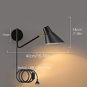 DEVINK Retro Plug in Wall Light with Switch, Long Arm Bed Lamp Wall Sconce Lamp Adjustable Wall Reading Lights with 1.8m Cord, Indoor E27 Light Fixture for Bedroom Living Room Bathroom,Black