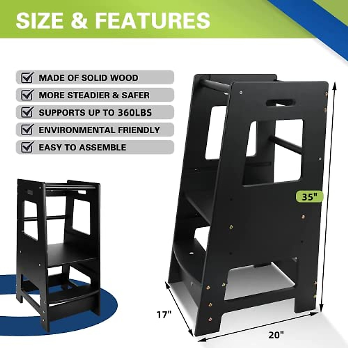 ECOMEX Standing Tower for Toddlers, Toddler Stool for Kitchen Counter Kids Kitchen Step Stool with Safety Rail Toddler Standing Tower with Adjustable Platform for Kitchen Counter, Classic Black