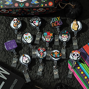 Yopyame 12PCS Day of The Dead Badge Reels Retractable Halloween ID Name Holder with Alligator Clip Sugar Skull Themed Badge Reel 360 Degree Swivel Badge Reel Name Tag for Nurse Doctor Student