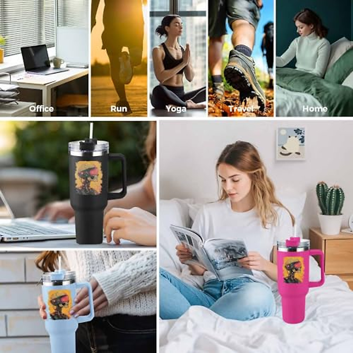 LB LEOBON 40 ounce insulated cup with handle, double-layer vacuum stainless steel material, equipped with straw, can keep warm or maintain cold drinks Neone Poppe Skeletons 3 Bright pink