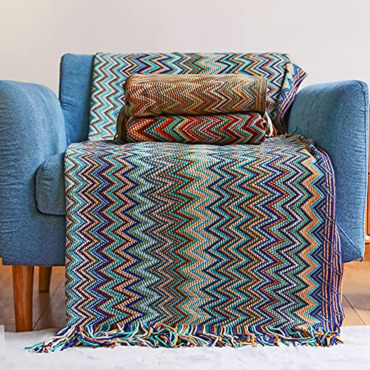 Boho Throw Blankets Outdoor Knitted Tassel Blankets, Super Soft Cozy Lightweight Couch Decorative Bohemian afghans Throw Blankets, Bed, Sofa, Outdoor Throw Blanket - All Seasons (Blue 50x60 Inch)