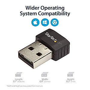 StarTech.com Wireless USB WiFi Adapter – Dual Band AC600 Wireless Dongle - 2.4GHz / 5GHz - 802.11ac Wi-Fi Laptop Adapter (USB433ACD1X1)
