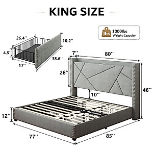 iPormis King Storage Bed Frame with 4 Drawers, Upholstered Bed Frame with Minimalist Wingback Headboard and Charging Station, No Box Spring Needed, Light Gray
