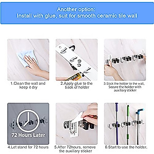 Bugu Bird Broom organizer wall mount，2pcs Mop and Broom Holder Wall Mount ,broom hanger ,Stainless Steel Heavy Duty Hooks Self Adhesive Hanger for Home Goods（ Grey